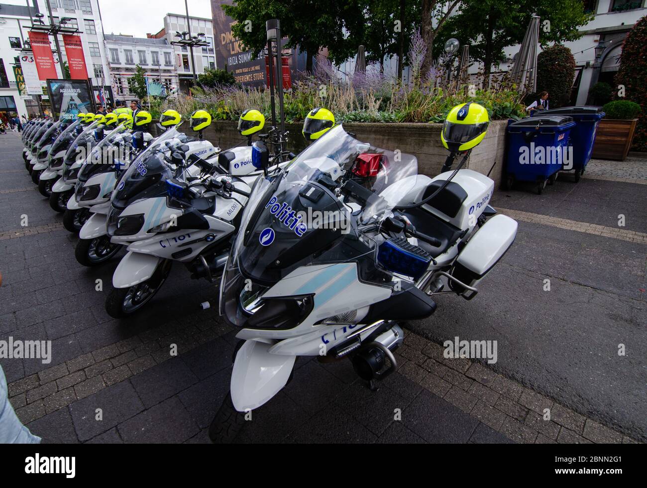 Antwerp, Flanders, Belgium. August 2019. Police motorcycles parked in a ...