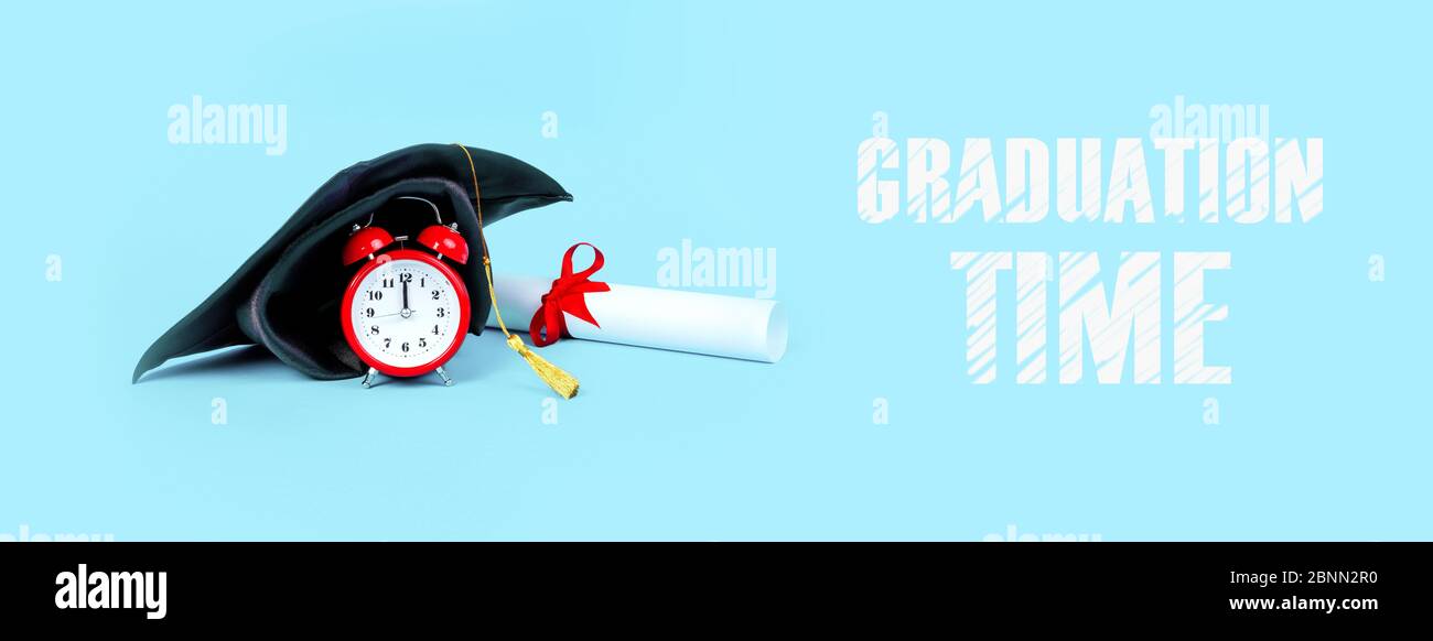 graduation cap on red clock near diploma, image on a blue background ...