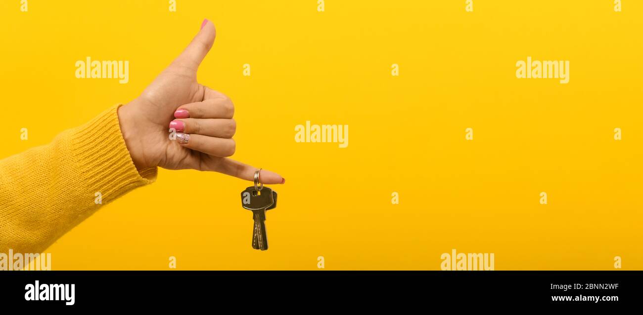 hand holding house keys over yellow background, panoramic mock-up Stock ...