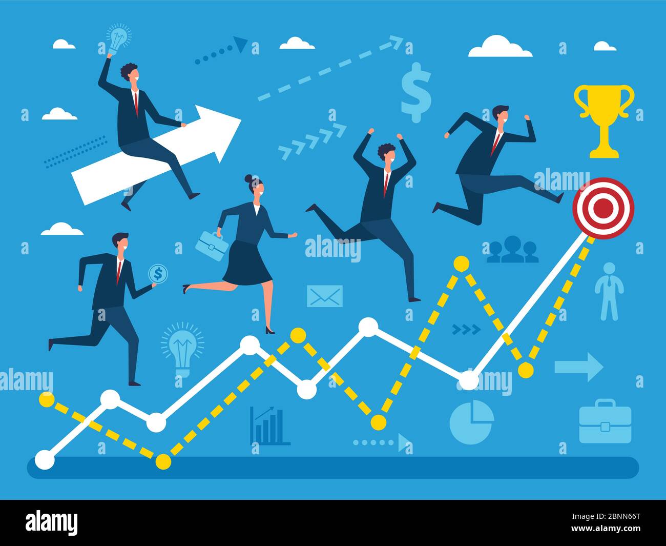 Business concept illustration of various peoples running to big goal ...