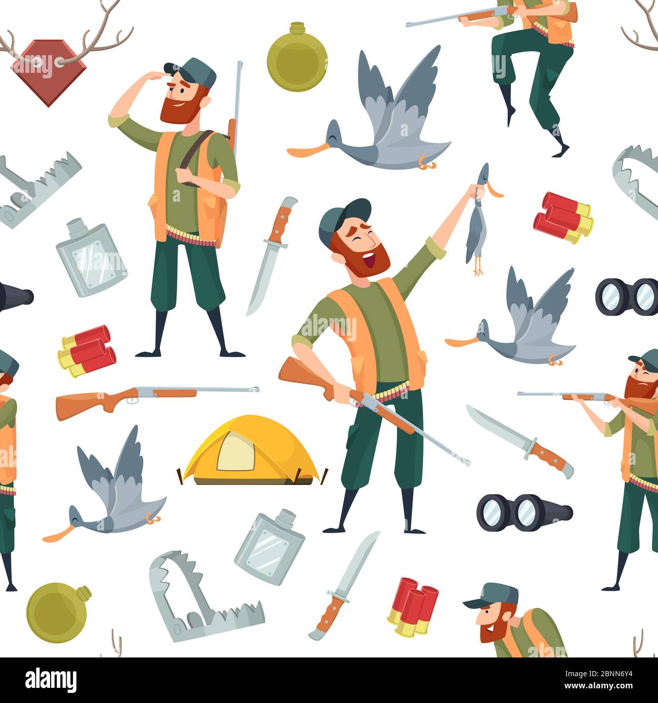 Duck hunters pattern. Seamless background with cartoon pictures and ...