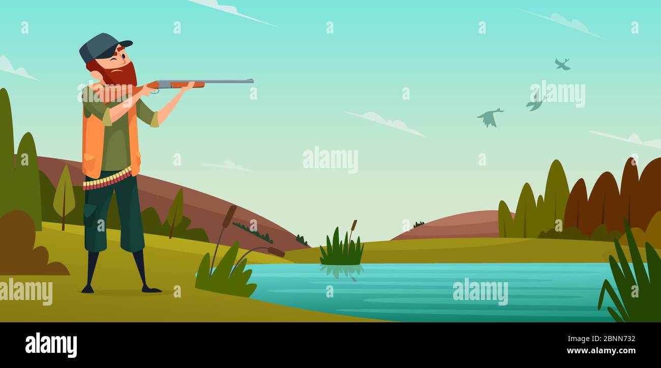 Duck hunting background. Cartoon illustration of hunter on hunt Stock ...