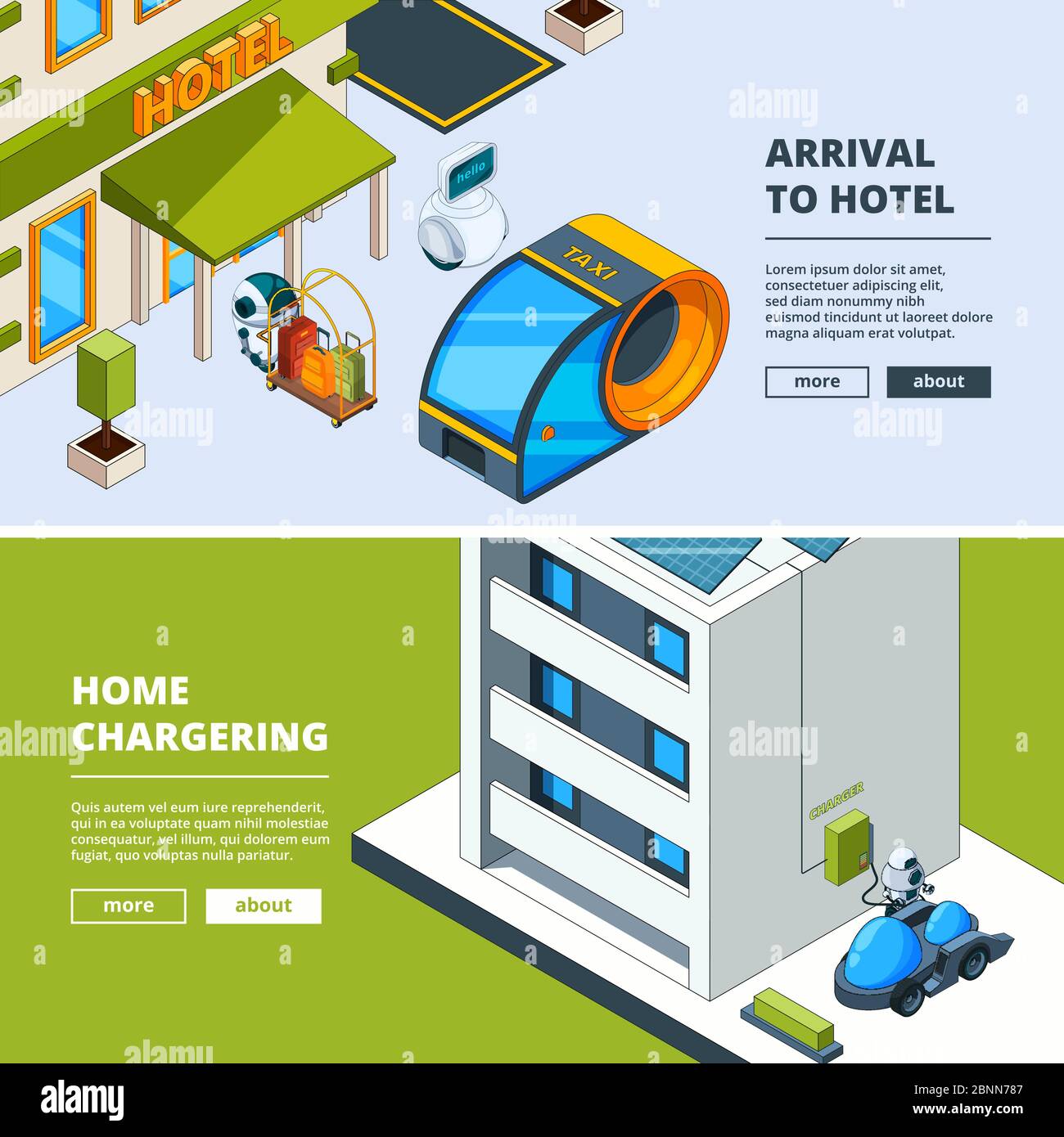 Futuristic transport and robots. Banners template with isometric low ...