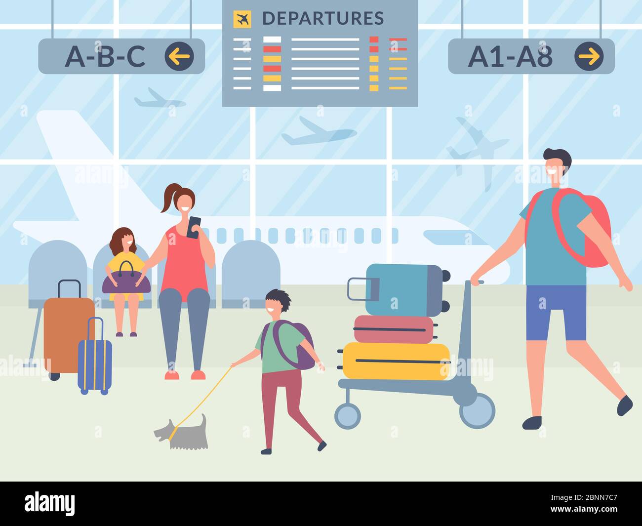 Characters in airport terminal. Vector illustrations of happy ...