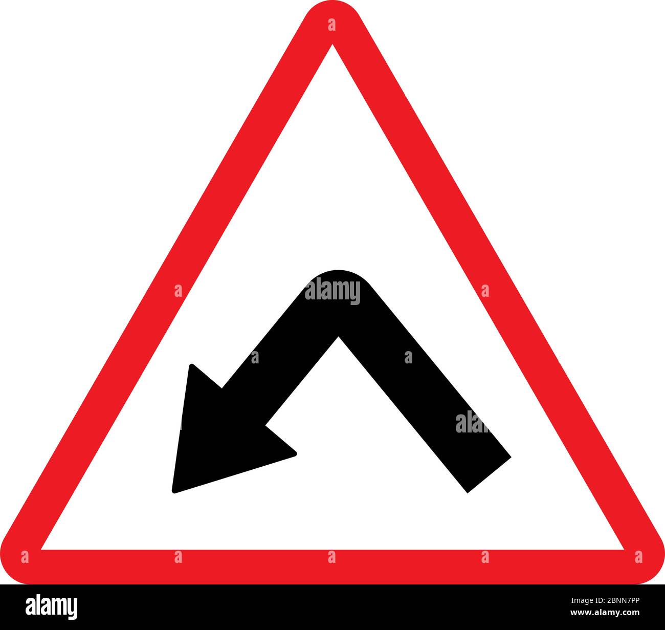Sharp bend towards the left traffic sign. Triangle red background Stock ...