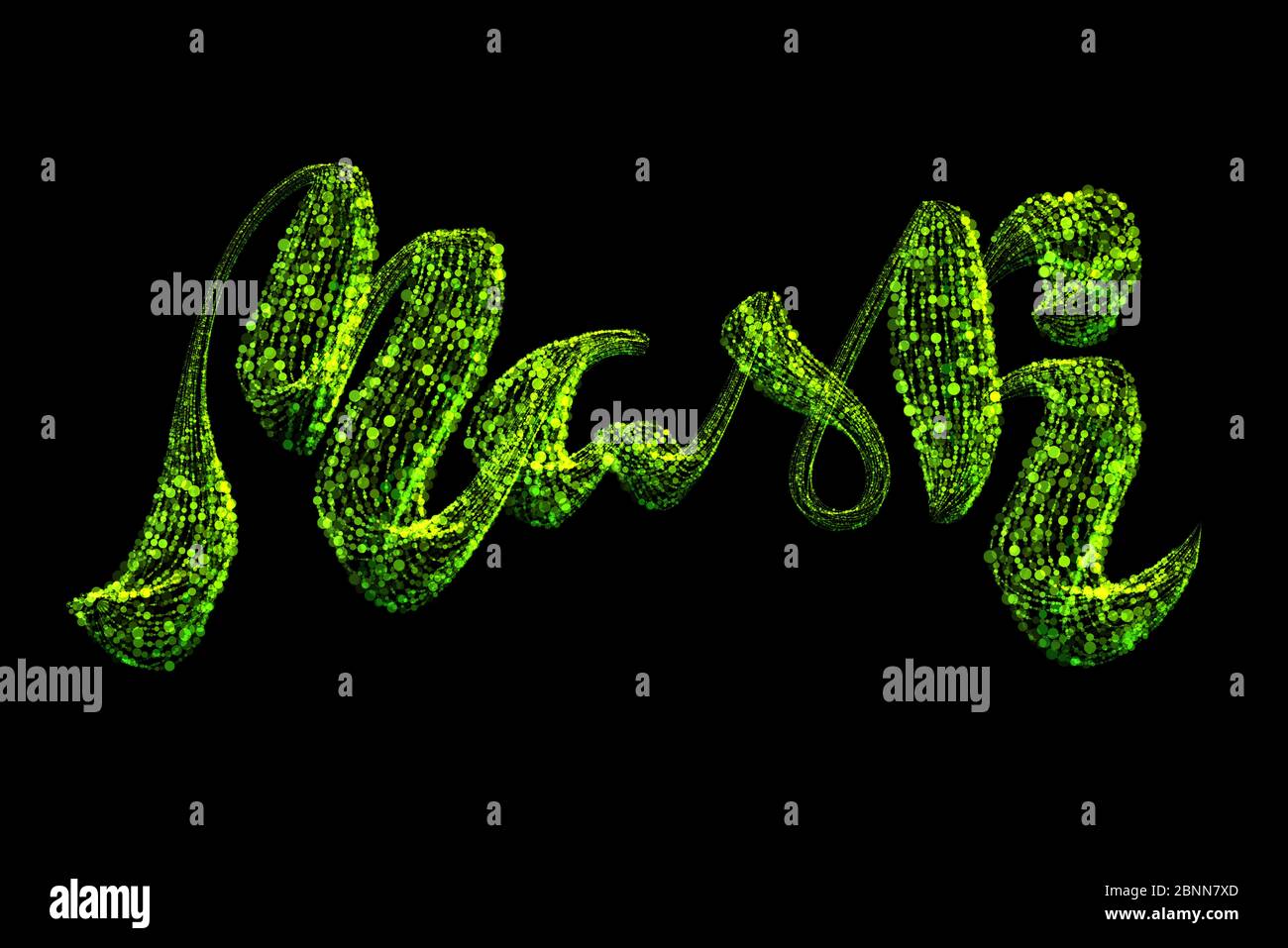 The word Mask is hand written in bright green luminous particles and ...