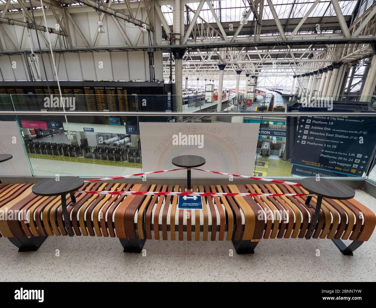 London. UK. May the 13th 2020 at 9:30am. Photo of Bench with social ...