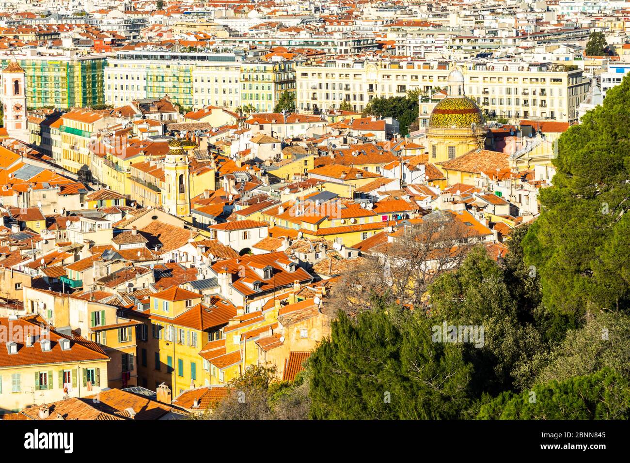 Scenic aerial view of Nice old town seen from the viewpoint of the ...