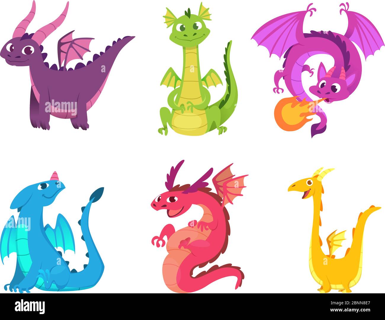 Cute dragons. Fairytale amphibians and reptiles with wings and teeth ...