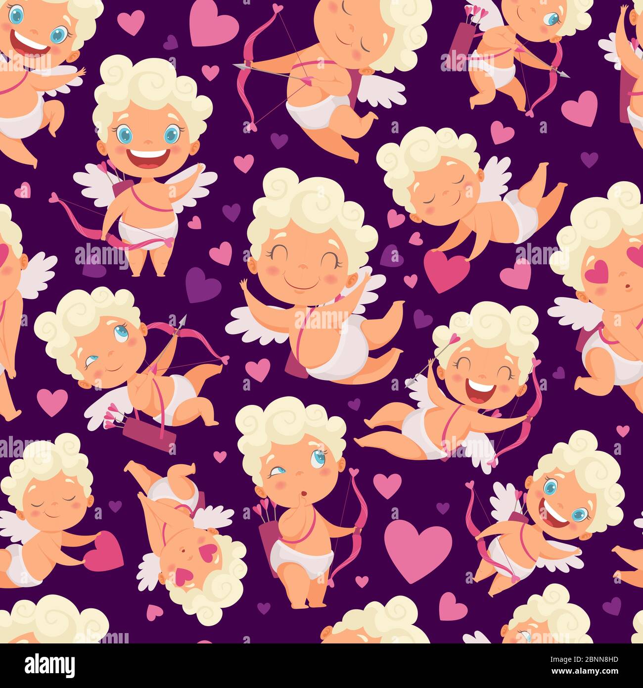 Angels seamless pattern. Love valentines day pink hearts cute angels ...