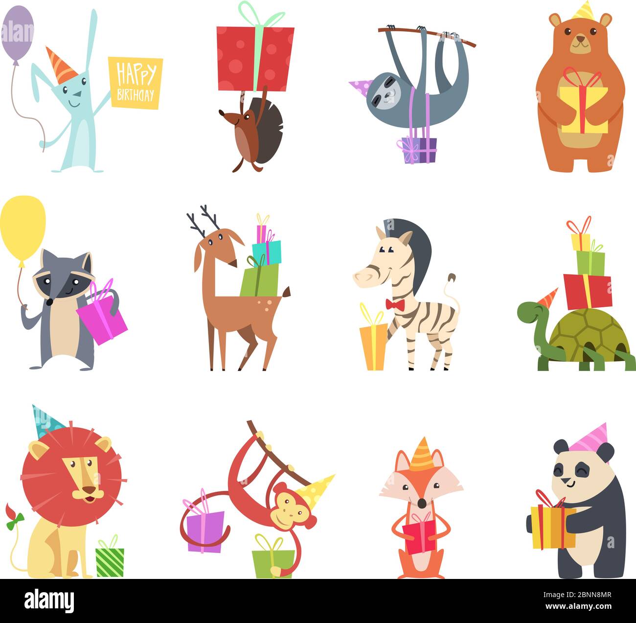 Birthday animals. Holiday happy celebration hare hedgehog bear zebra ...
