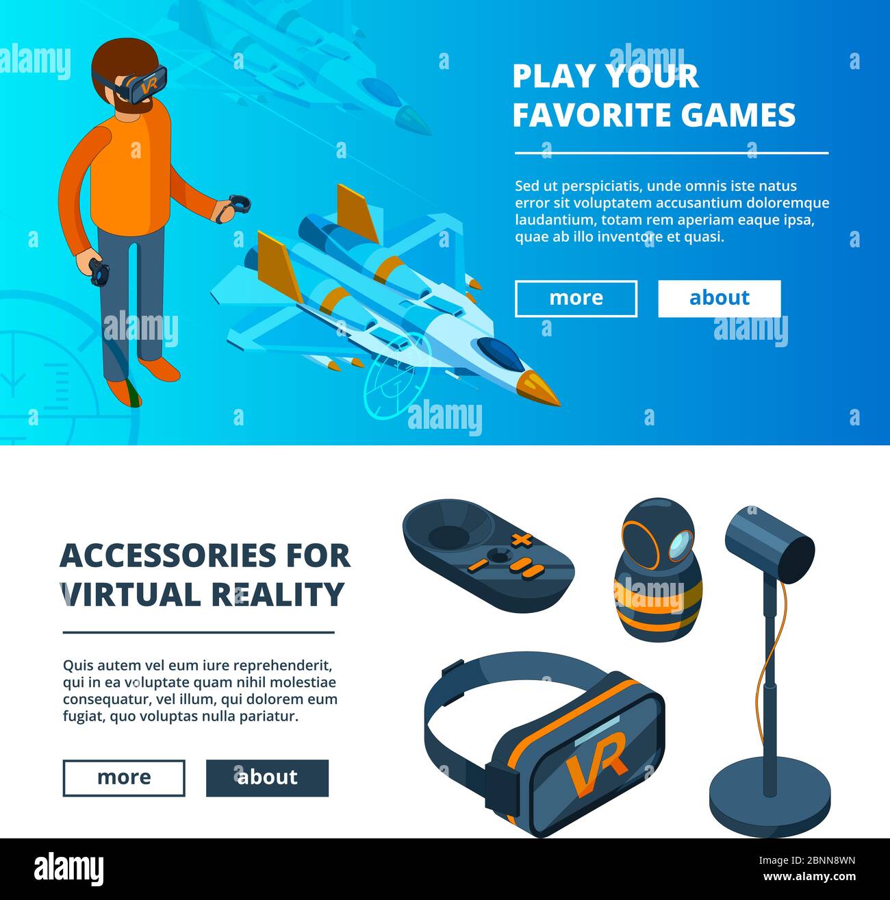 VR banners. Virtual game simulation portable reality equipment helmet ...