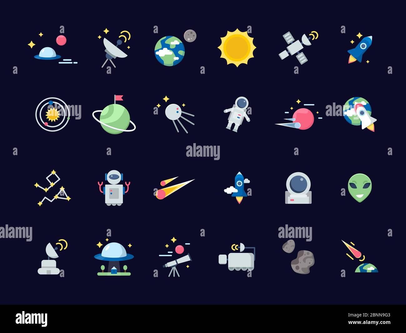 Space icons. Earth moon with sun and satellites asteroid views from ...