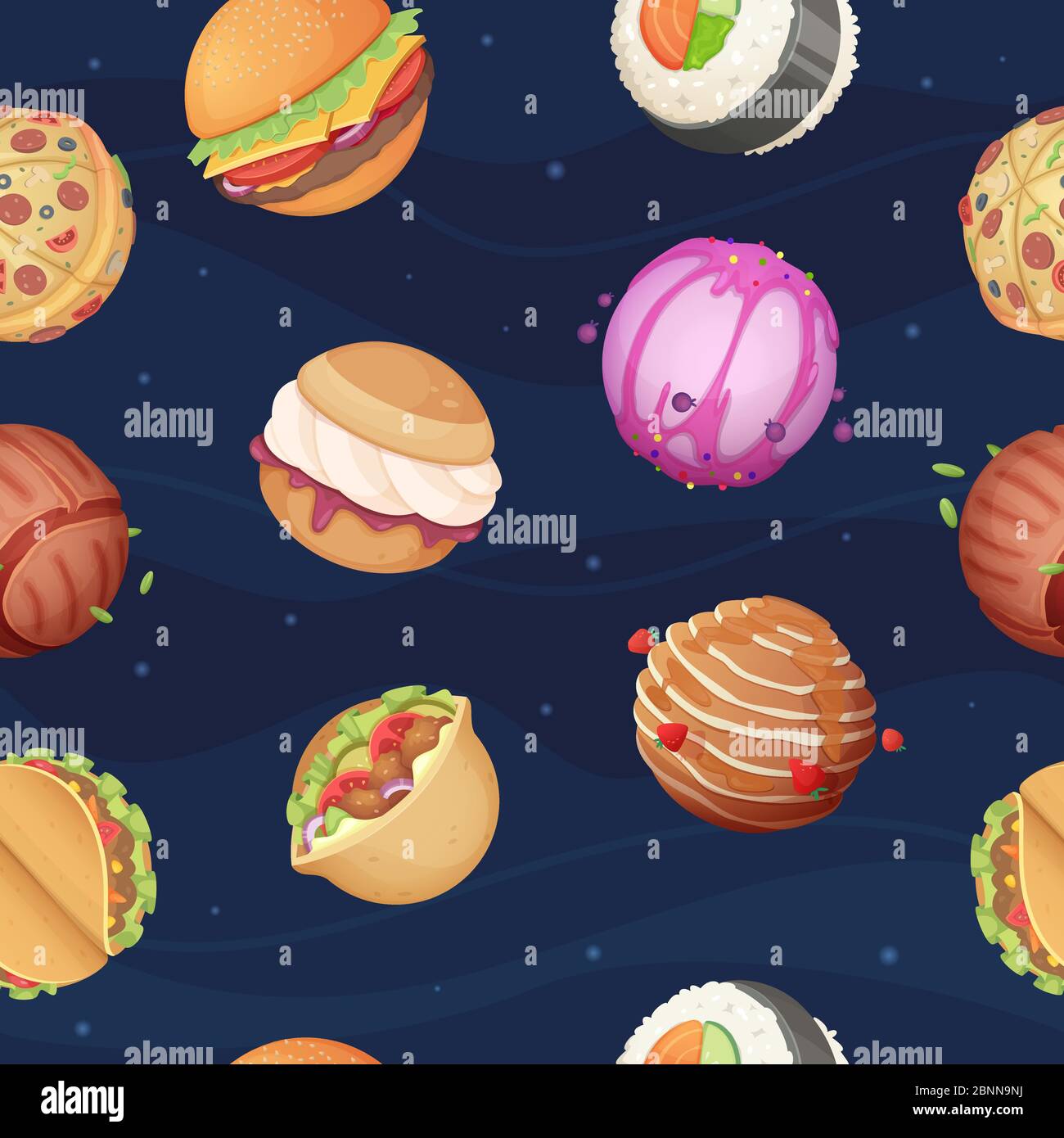 Food planets pattern. Fantastic space world with sweets fast food ...
