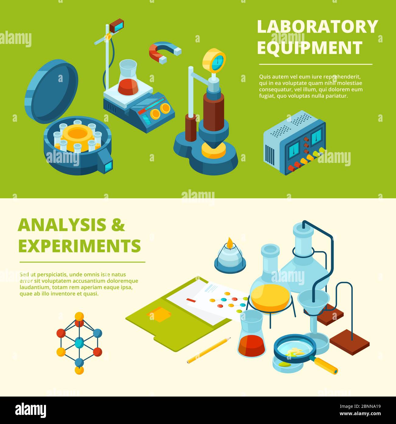 Scientific banners. Medical or chemical experiment laboratory room and ...