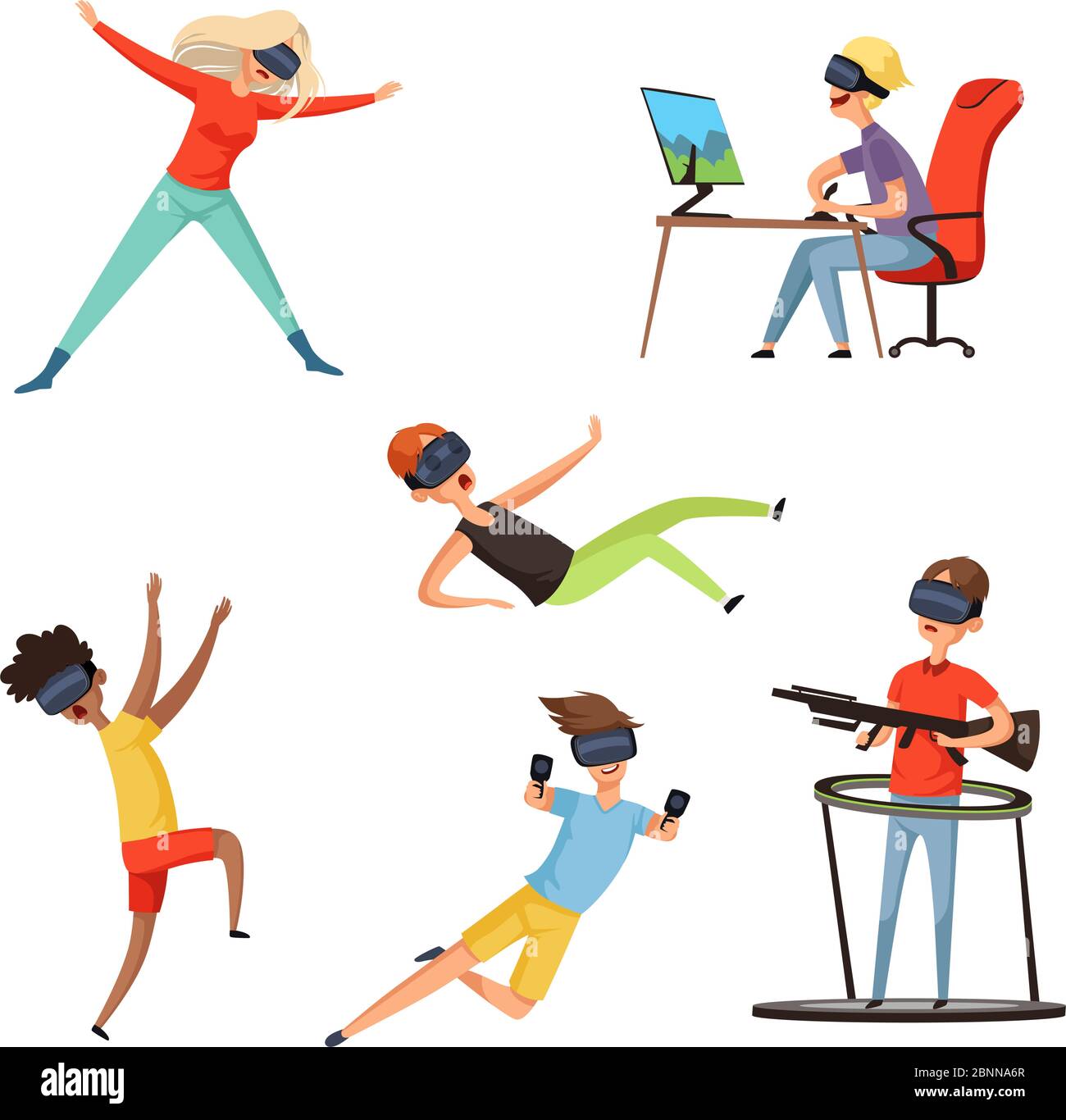 Virtual reality gamer. Funny and happy characters playing online games ...