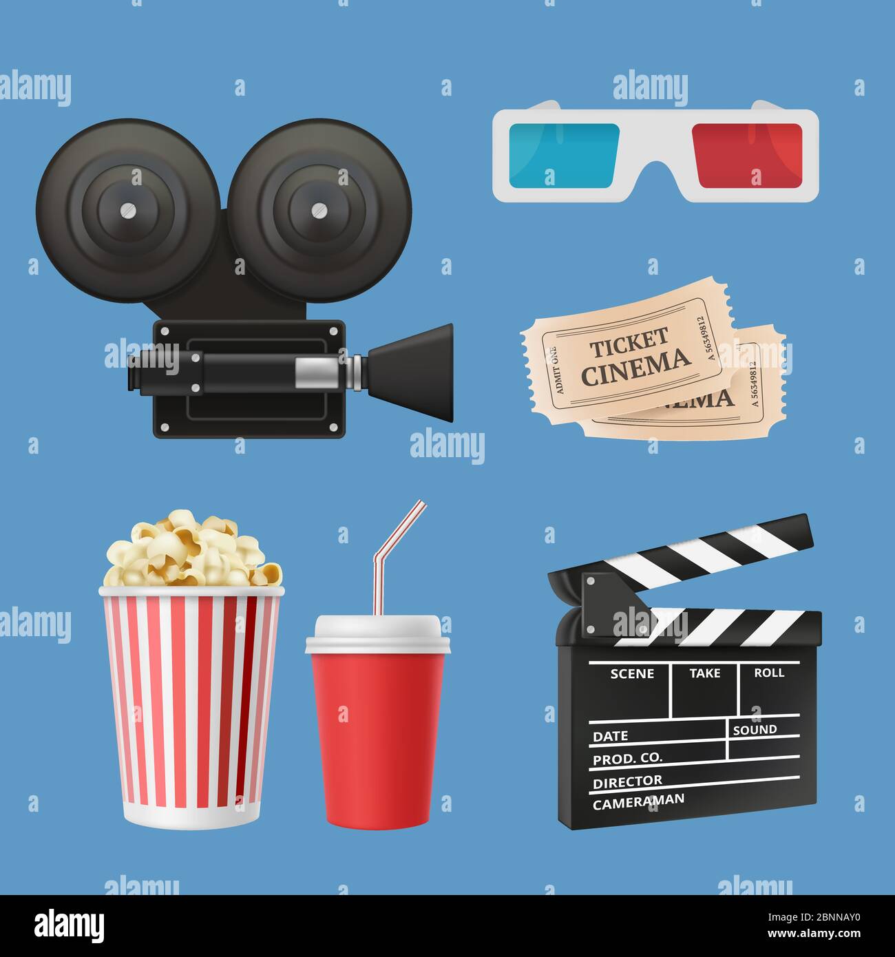 Cinema 3d icons. Movie camcorder clapperboards film tape and stereo ...
