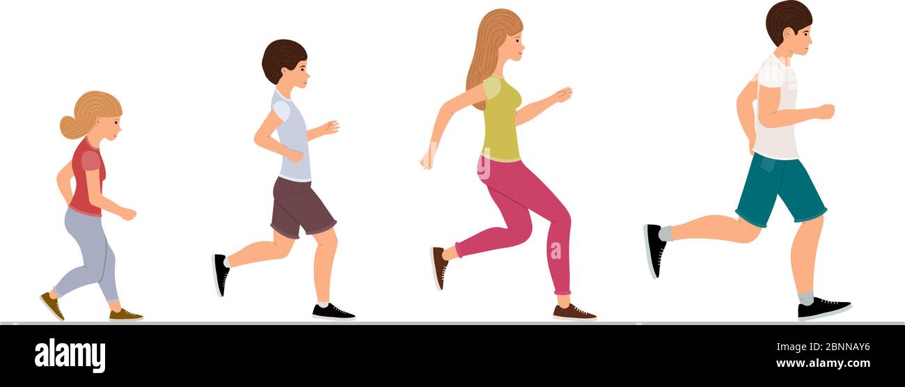 Family jogging, healthy lifestyle. Man, woman, boy and girl are running ...