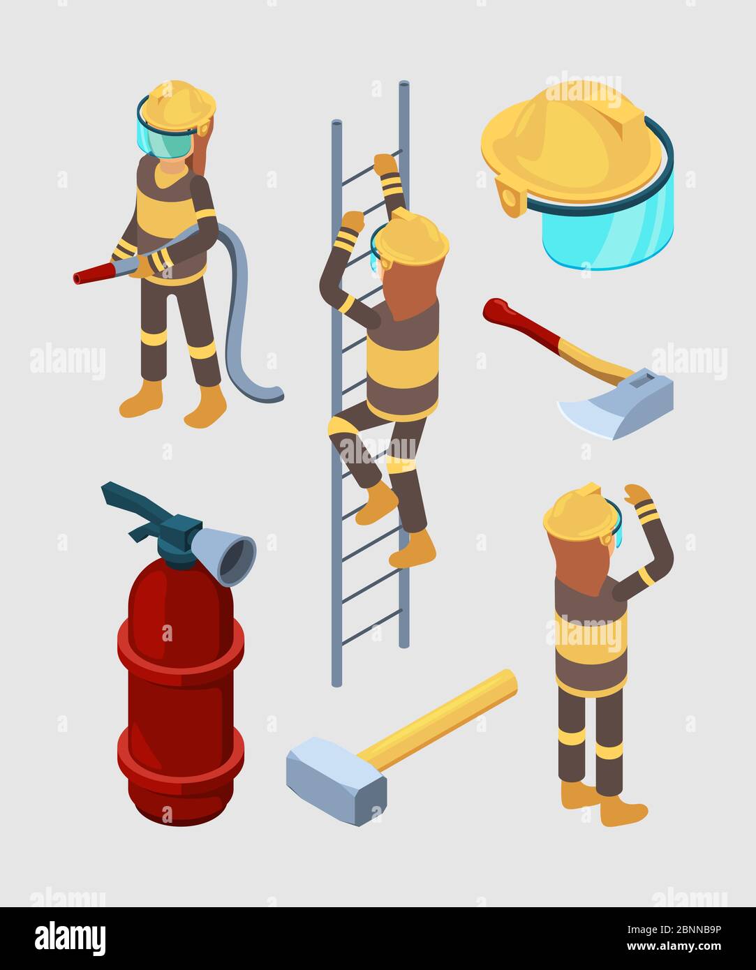 Firefighters isometric. Proffesional equipment of fire station hose ...