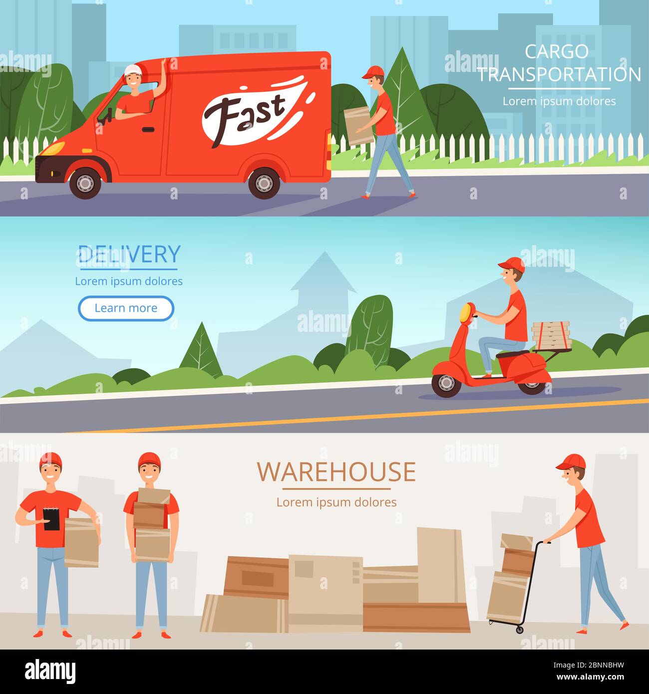 Delivery service banners. Cargo warehouse workers pizza and food ...