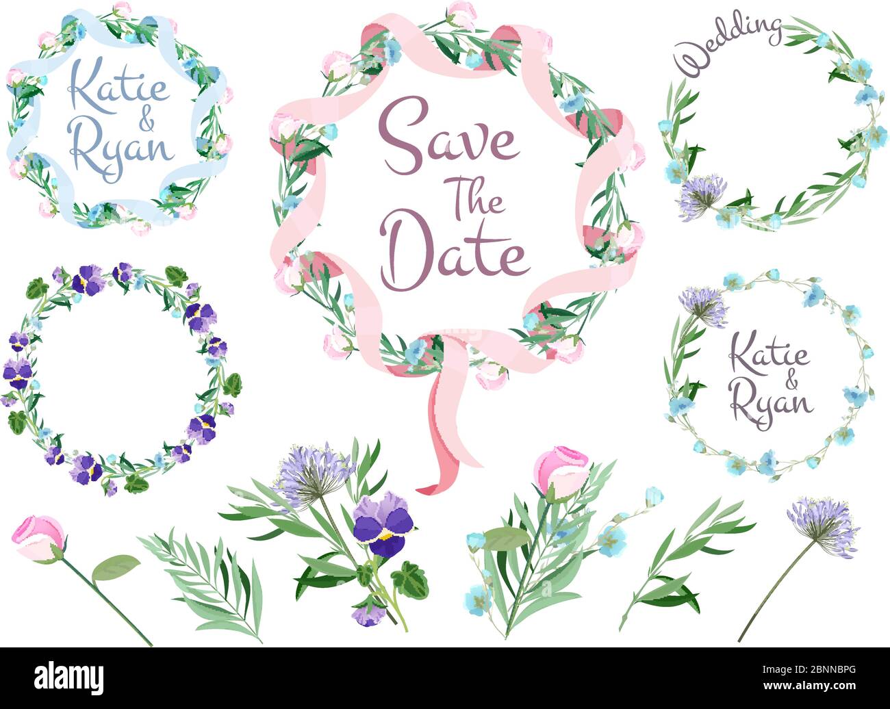 Floral branches frames. Flowering wreath ribbons hearts cute vector set ...