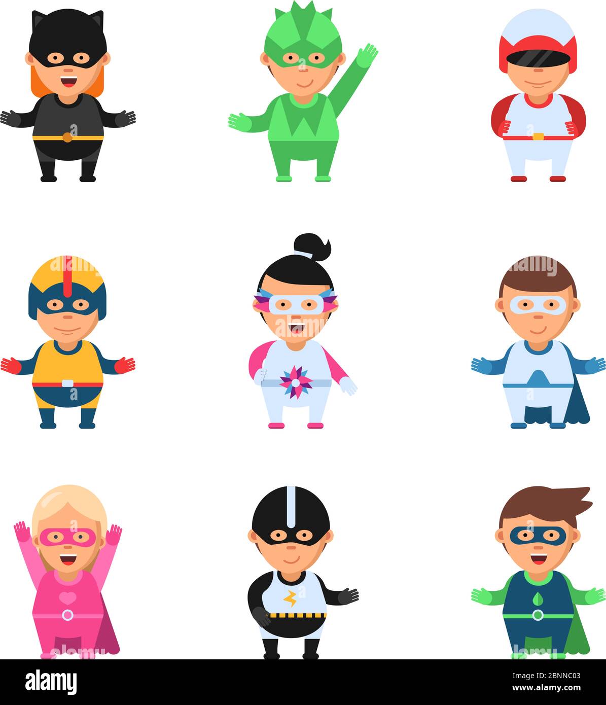 Little superheroes. Hero comic cartoon 2d figures of kids in colored ...