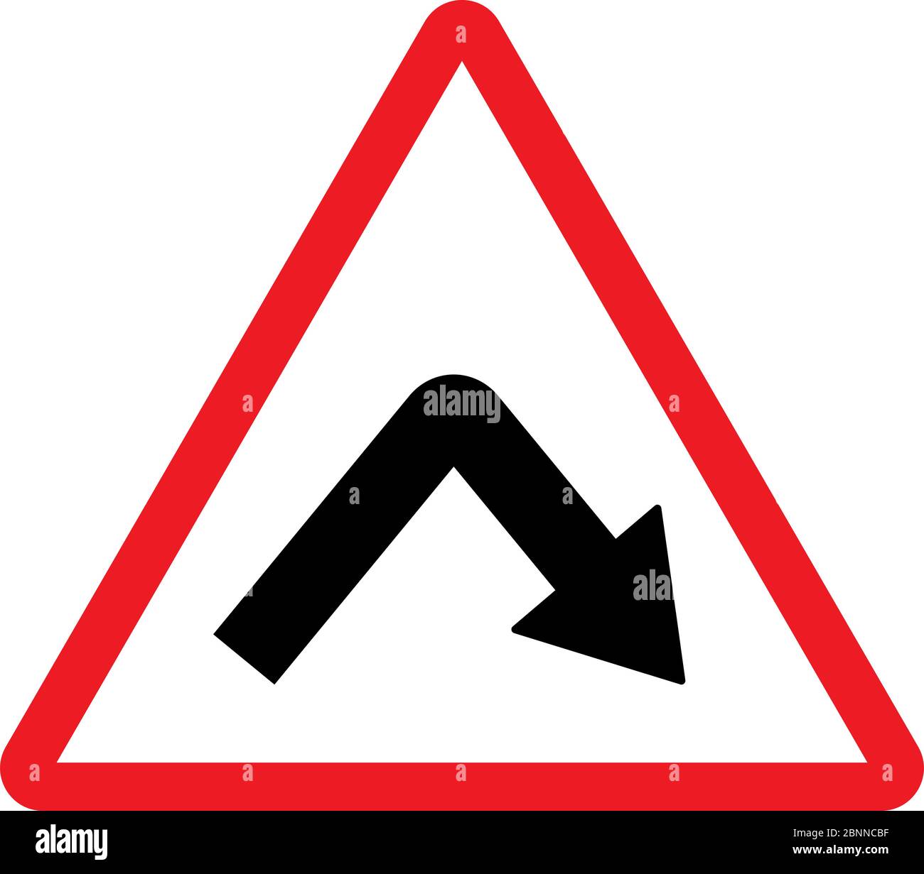 Sharp bend toward right traffic symbol vector illustration. Red ...