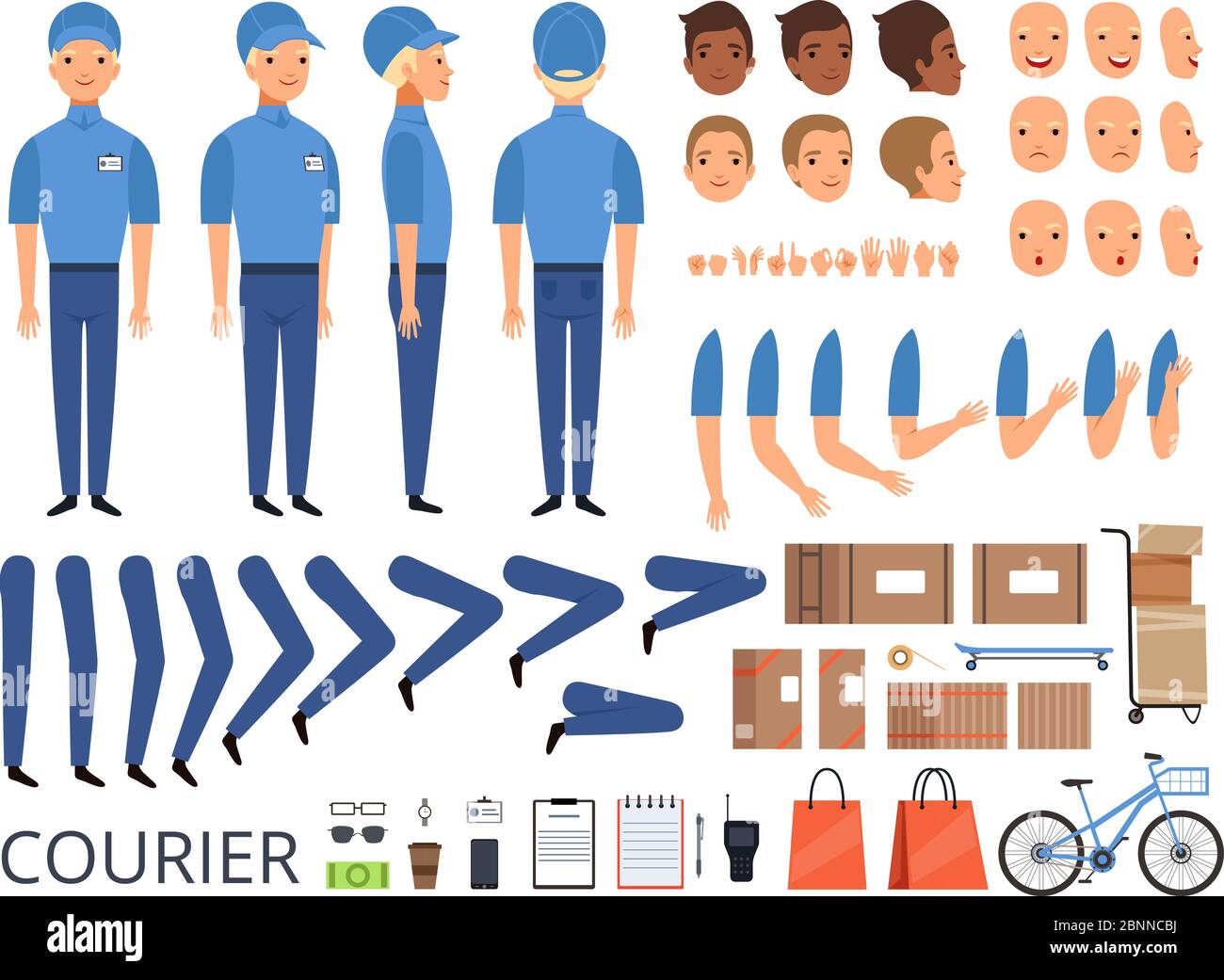 Courier box character animation. Body parts head arms cap hands of ...