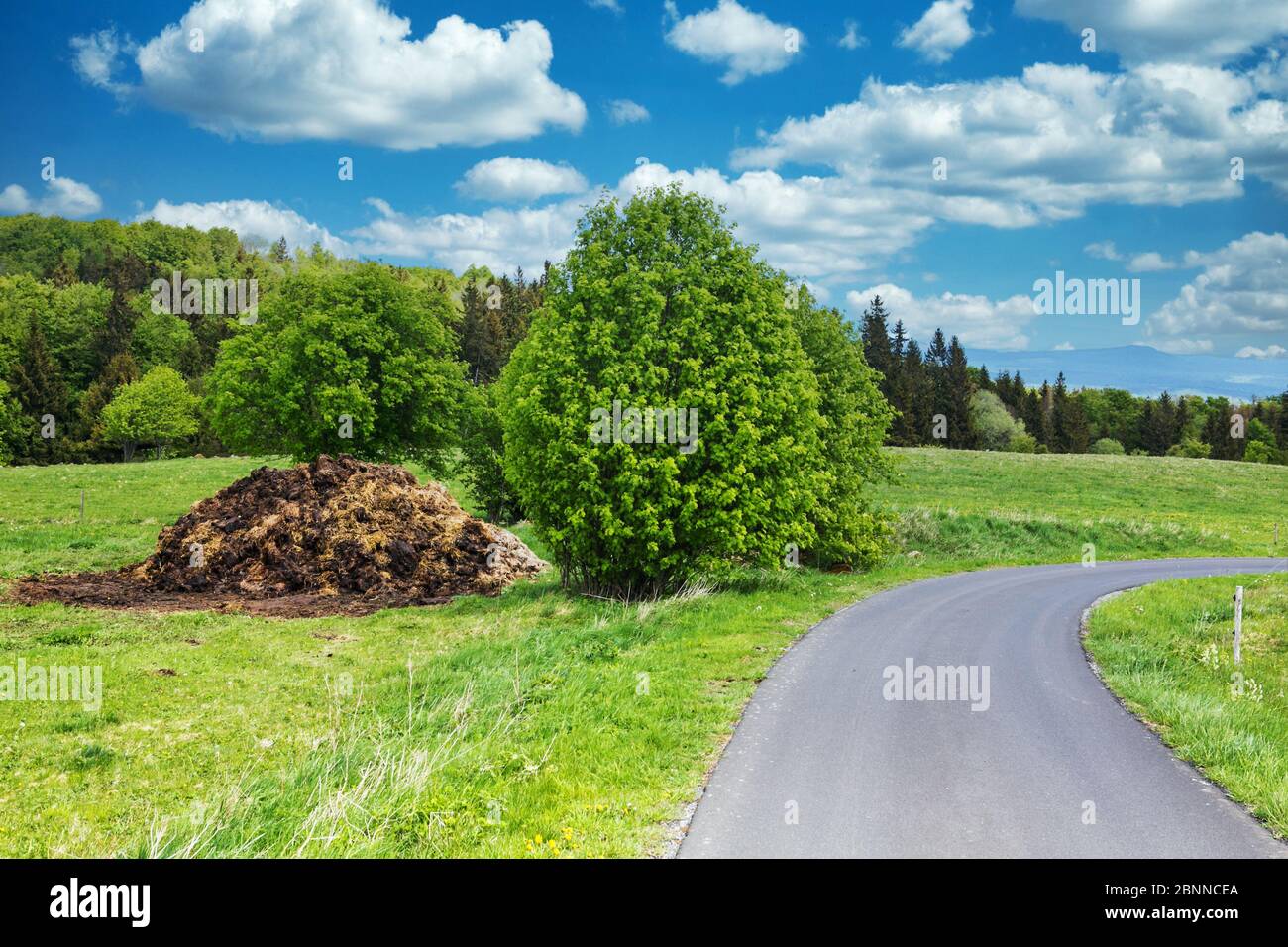 view of green valley with trees and dunghill Stock Photo - Alamy