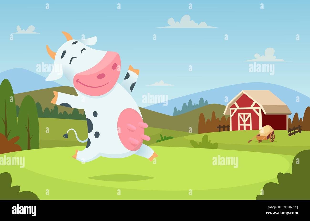 Cow at farm. Field ranch milk animals eating and playing on the grass ...