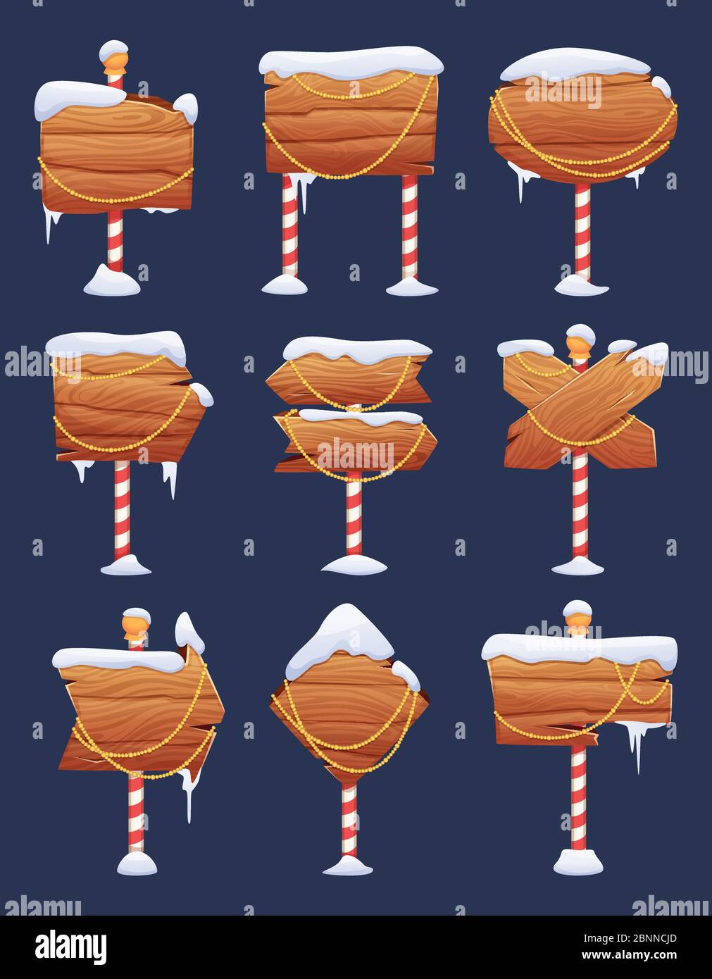 Snow road signs. Wooden christmas direction arrows with snowy caps ...