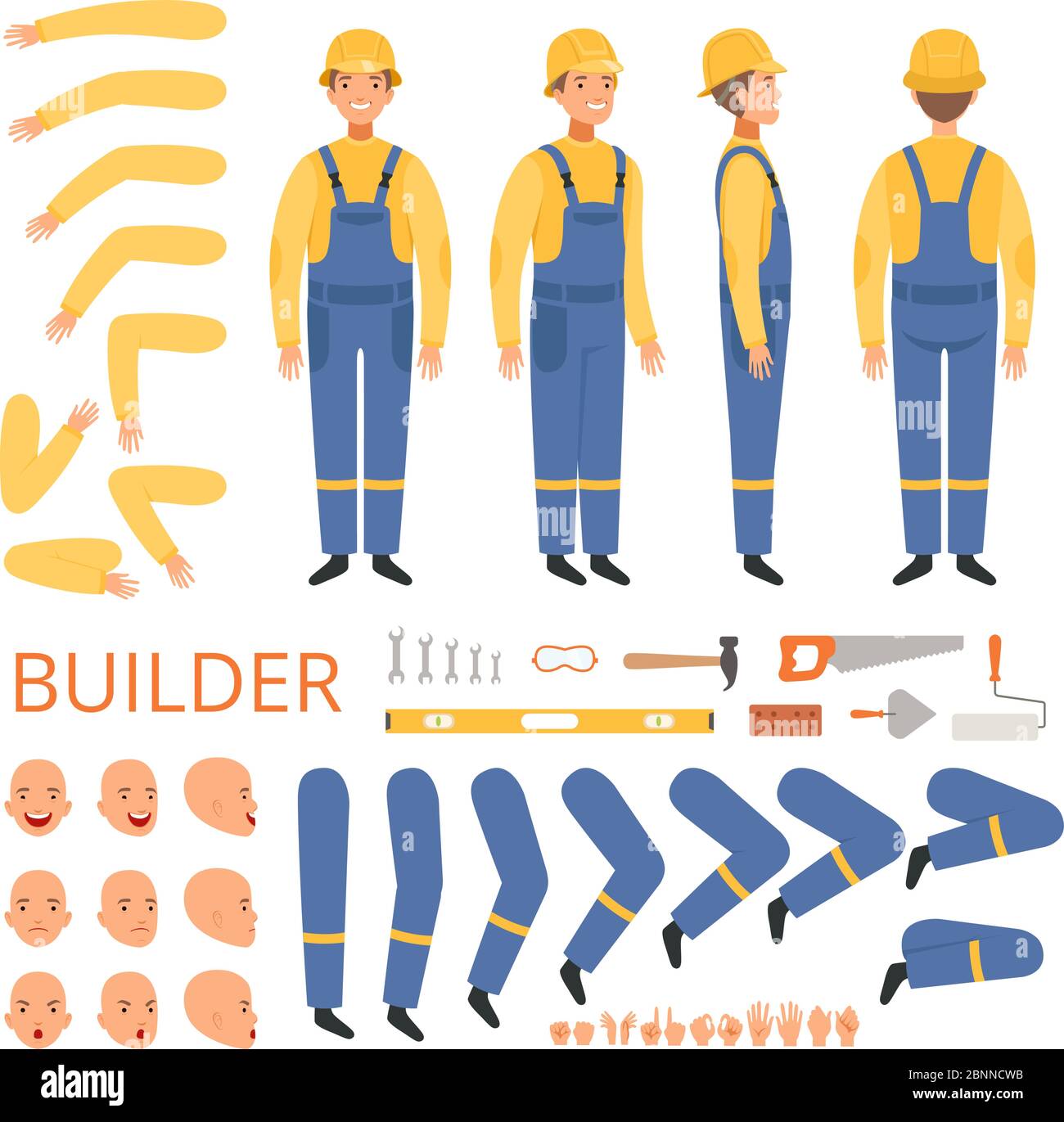 Builder character animation. Body parts head arms cap hands of engineer or builder male vector ...