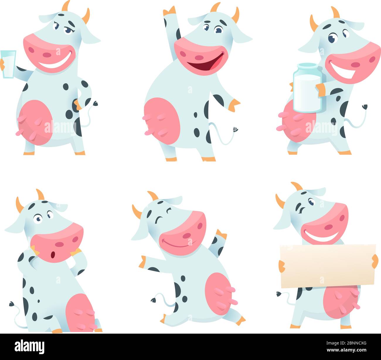 Milk cow animal. Cartoon farm character eating and posing cows mascots ...