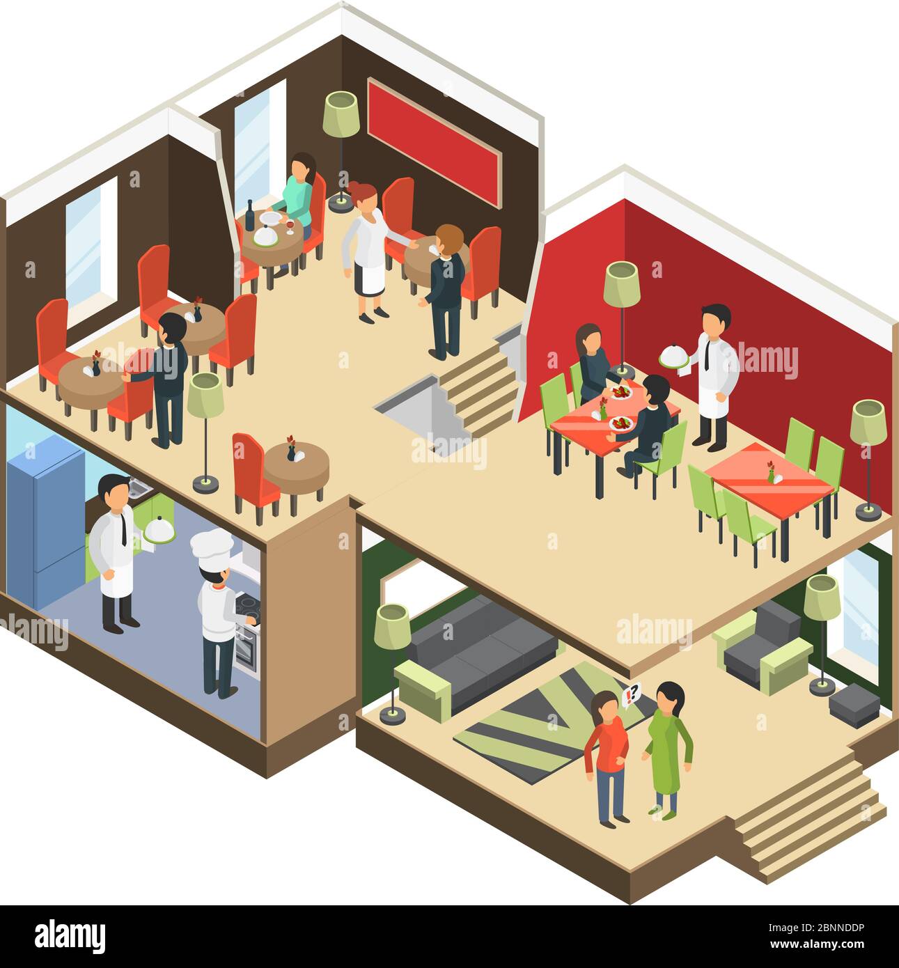 Restaurant interior. Isometric bar cafe buffet building with eatting ...