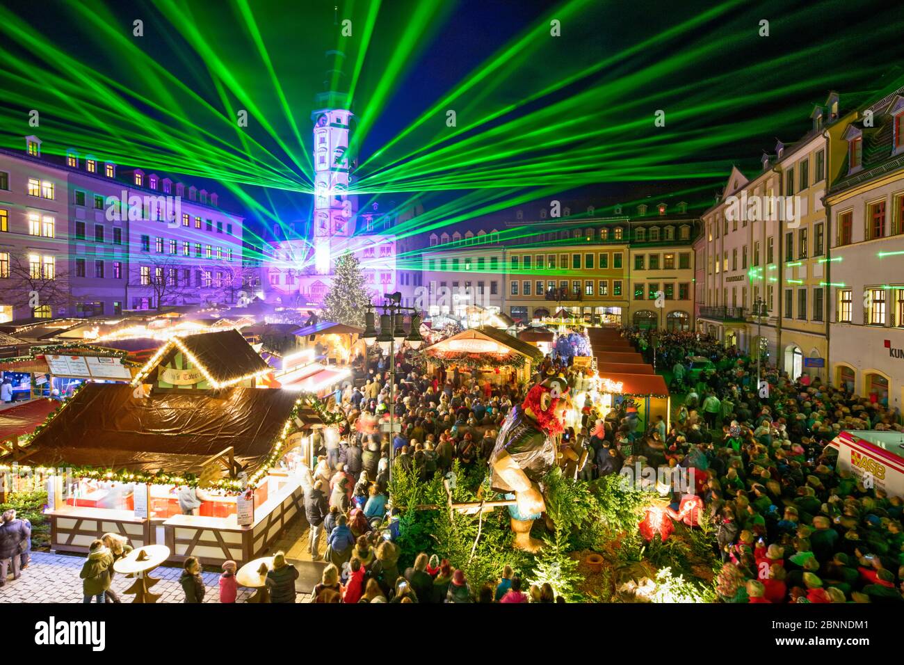 Christmas market, market, town hall, blue hour, laser show, Gera ...