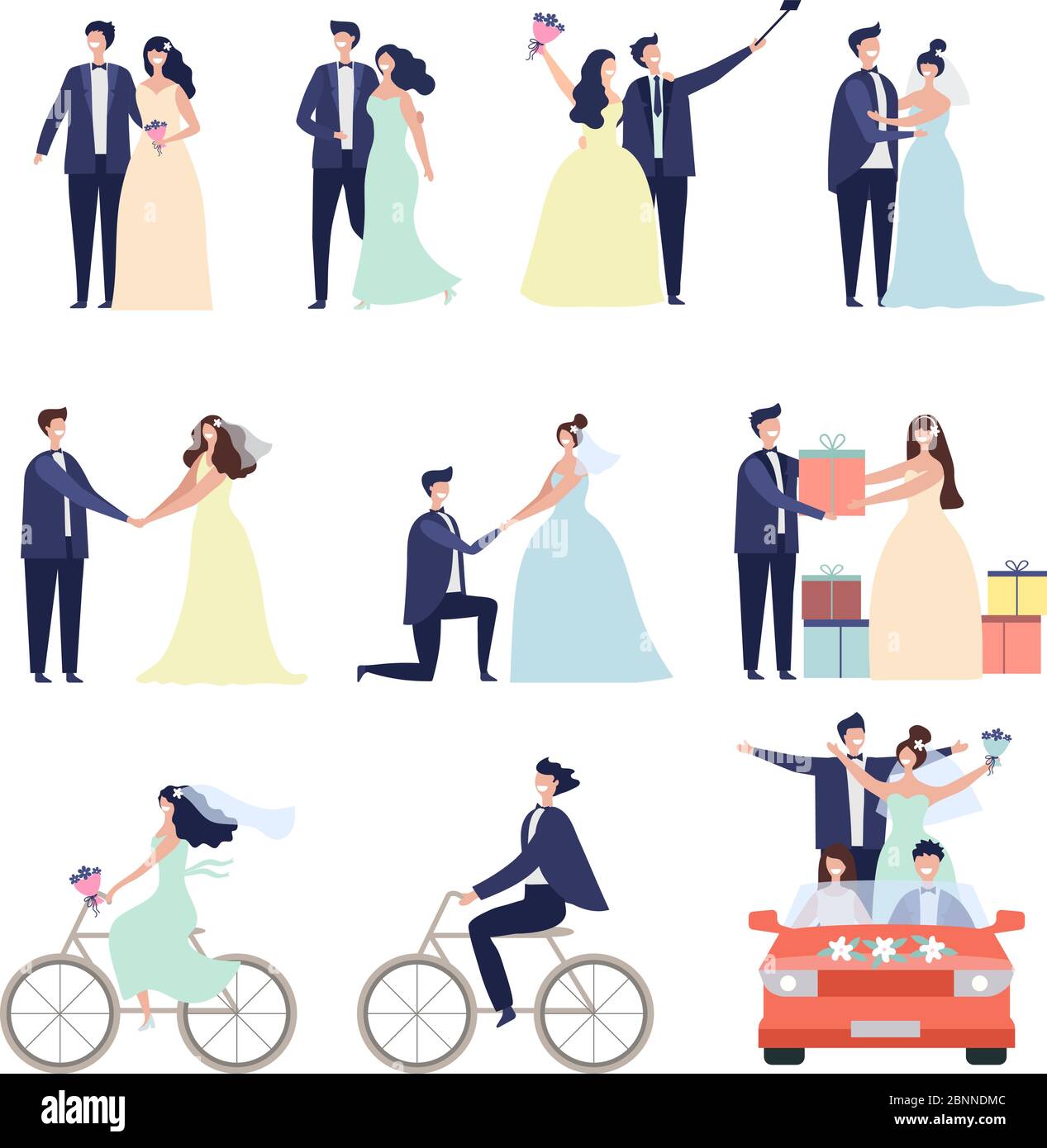 Wedding ceremonial bundle. Marriage love couples happy characters bride ...