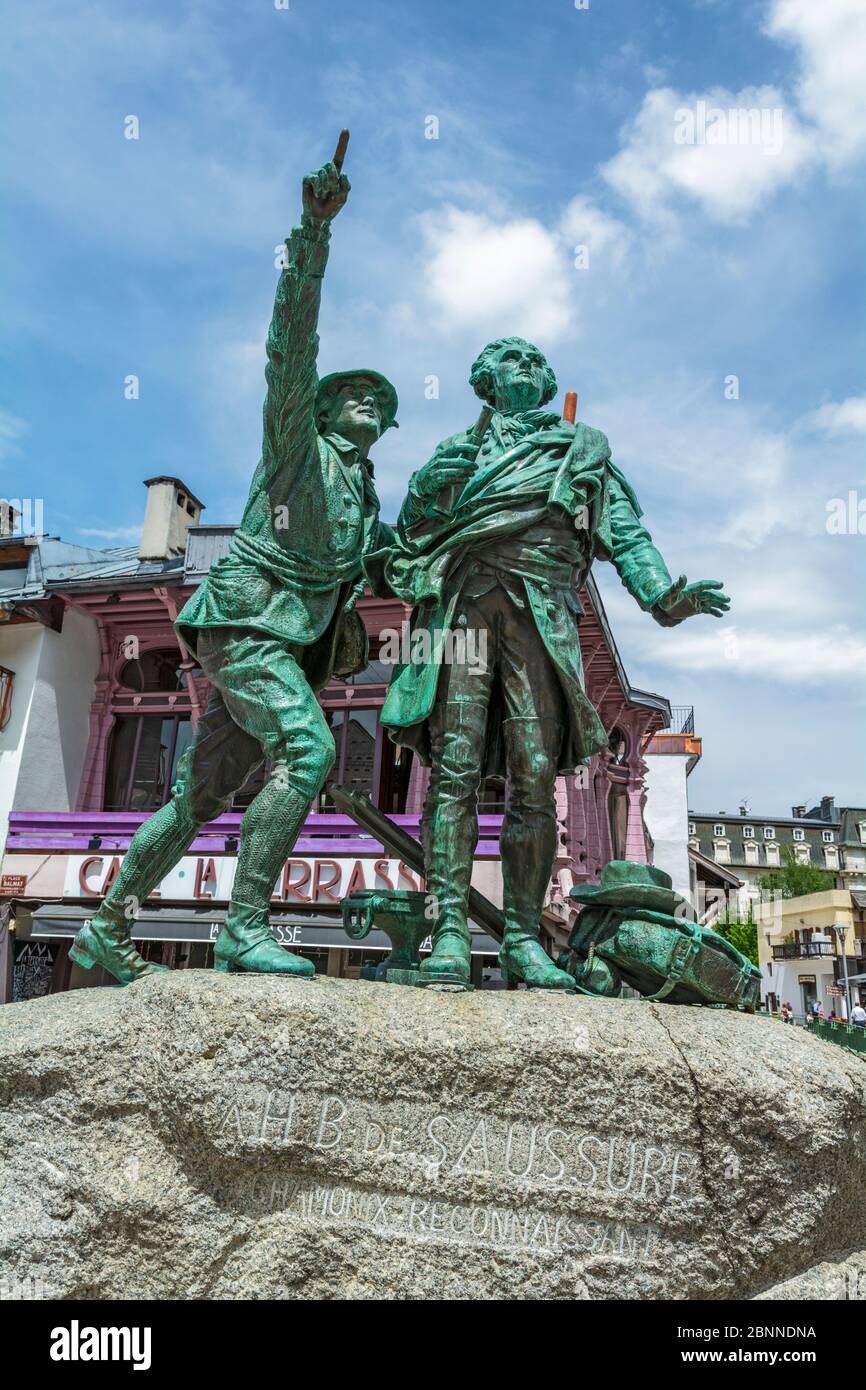 France, Chamonix, Statue (1887) of the guide Jacques Balmat pointing to ...