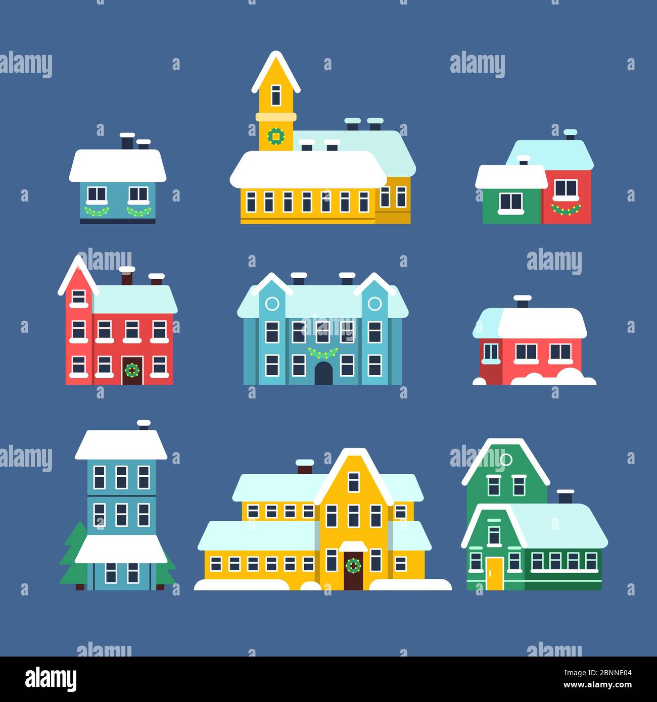 Snow roof houses. Cold season urban snowy city snowstorm with ...