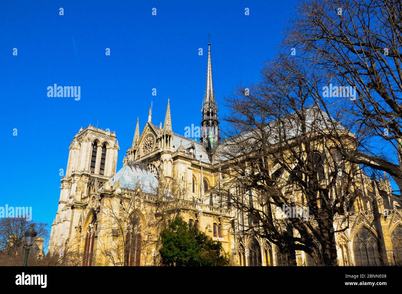 Side view of Notre-Dame Cathedral in Paris, France in daylight ...