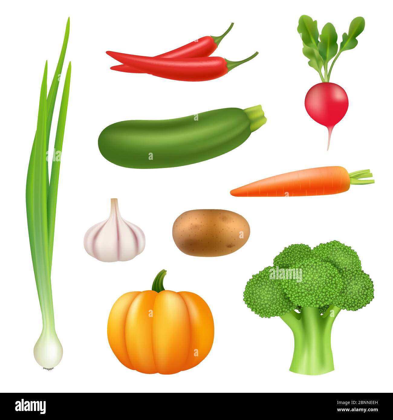 Vegetables realistic pictures. Healthy fresh food pumpkin broccoli ...