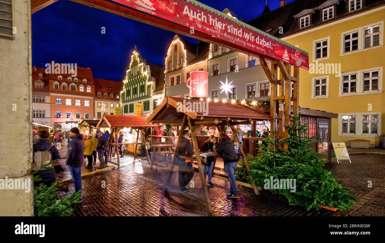 Christmas market, market square, Advent, blue hour, Weimar, Thuringia ...