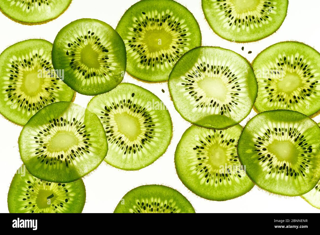 Macro shot of backlit kiwi fruit slices on white background. Top view ...