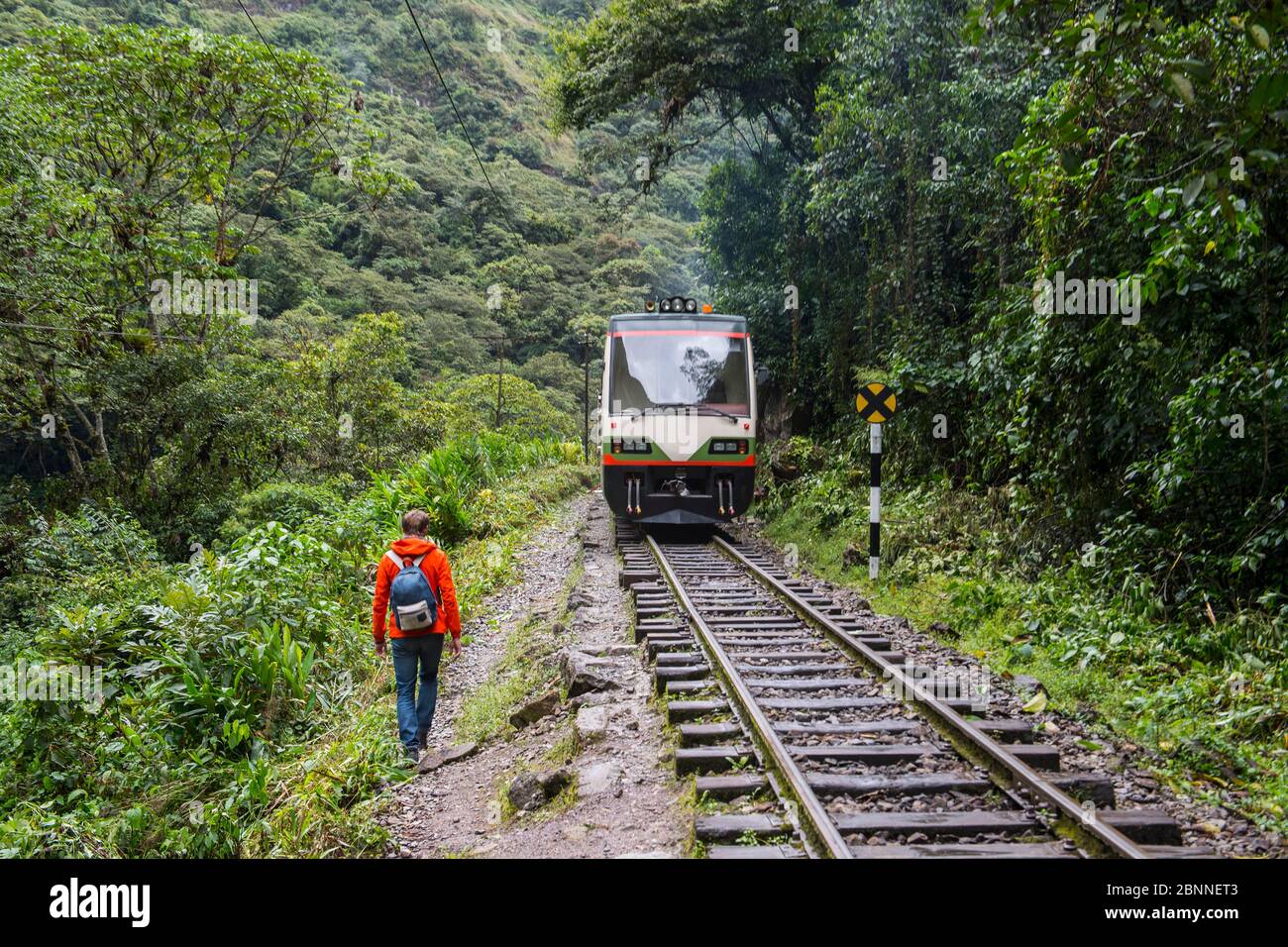 Hiker on train tracks that lead up to Aguas Calientes Stock Photo - Alamy