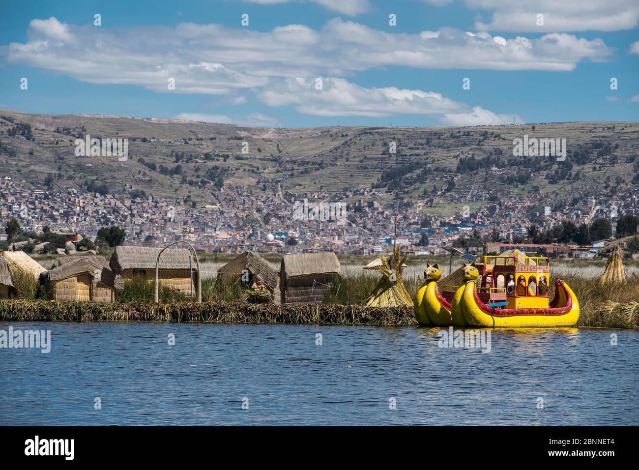 Typical panther boat at the floating islands on the Titicaca lake Stock ...