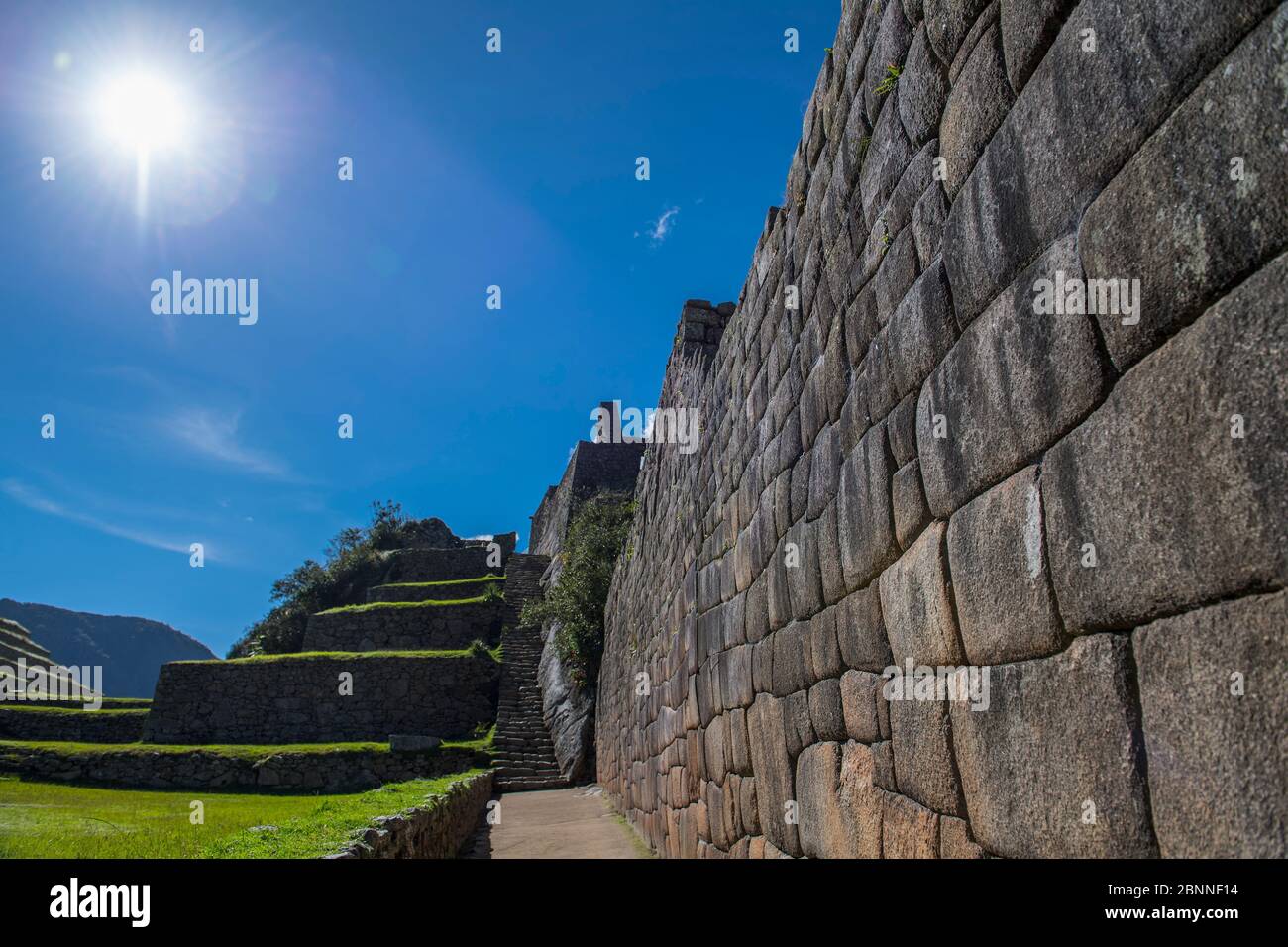 Stone wall at inca ruins, Machu Picchu, Cusco, Peru, South America ...