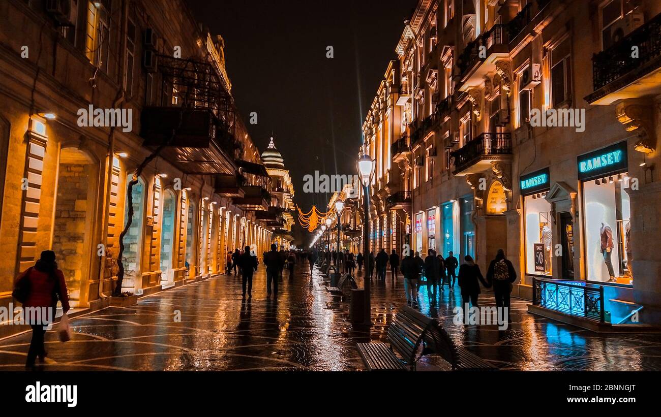 Beautiful Night View Of Nizami Street, In Baku Azerbaijan 16/02/2019 ...