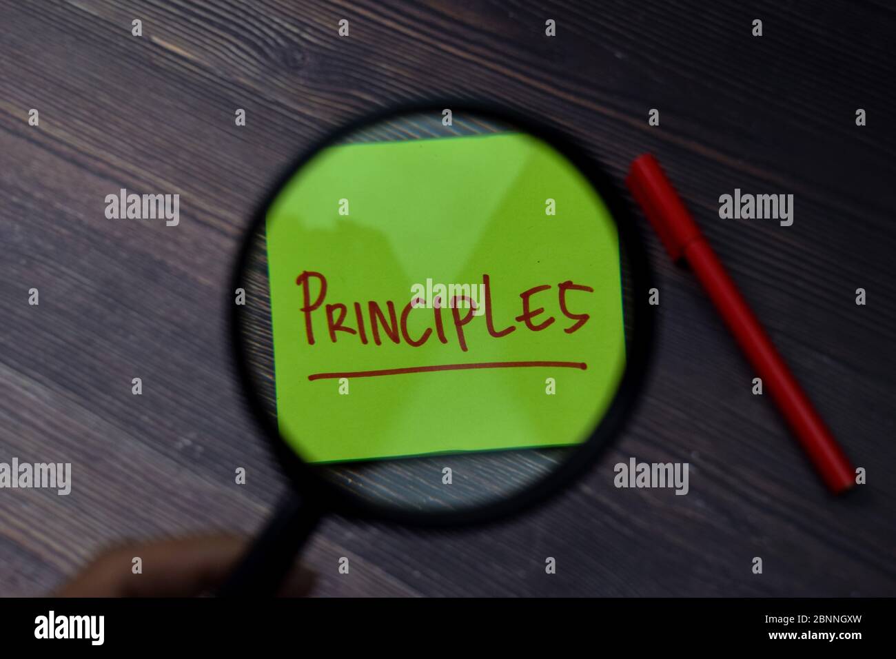 Principles write on sticky note with magnifying glass isolated on ...