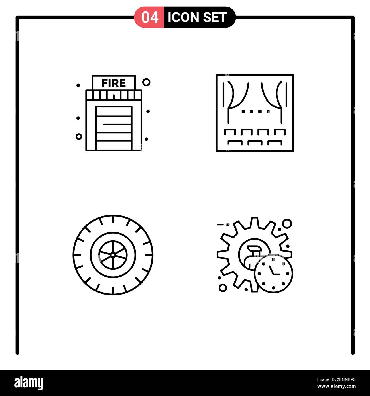 4 Universal Line Signs Symbols of fire, wheel, celebration, theater ...