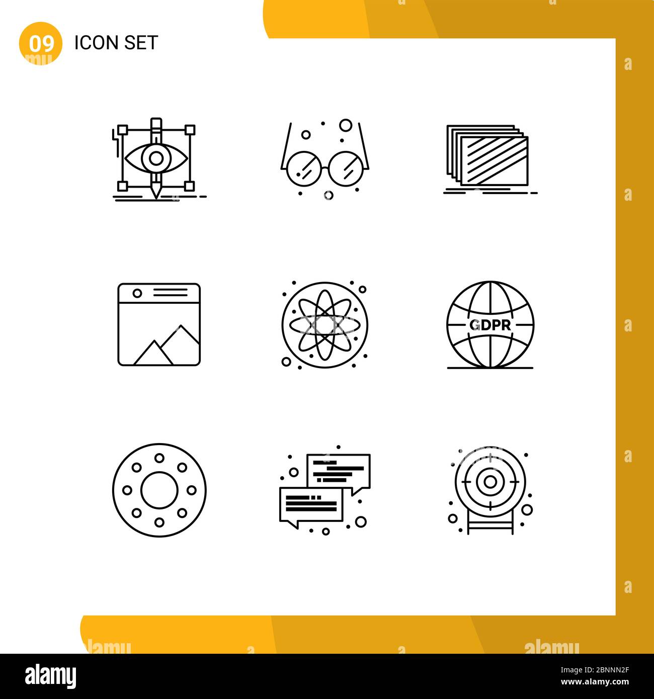 Outline Pack of 9 Universal Symbols of atom, gallery, design, photo ...