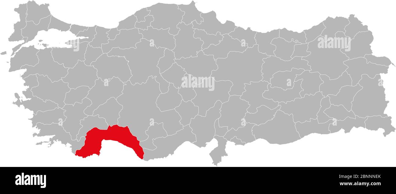 Antalya province highlighted red color on turkey map vector. Gray ...